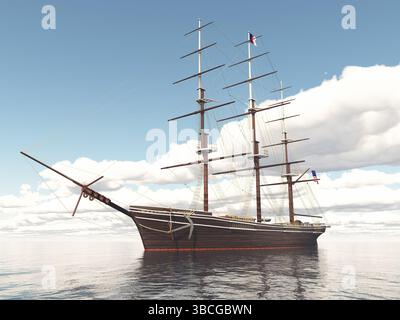 Flying cloud clipper ship from the 1850s isolated on white background ...
