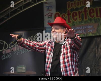 German party pop singer Markus Becker performing at the Easter fire in ...