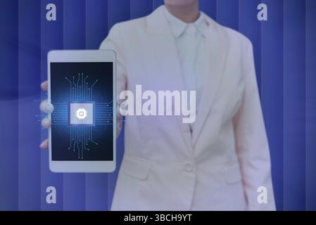 Lady Pressing Screen Of Mobile Phone Showing The Futuristic Technology ...