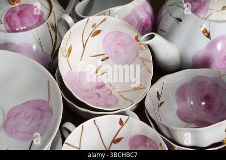 Traditional Russian porcelain tea set, flowers and gold Stock Photo - Alamy