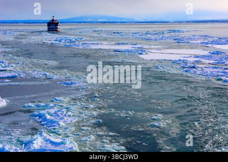 Frozen sea and sightseeing icebreaker,Aurora ship,Abashiri,Hokkaido ...