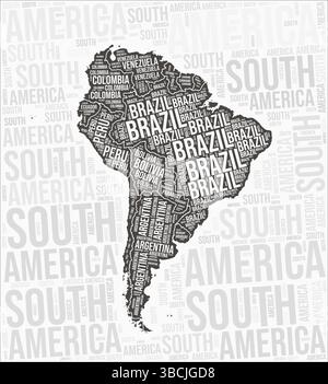 South America with countries Map black and white illustration Stock ...