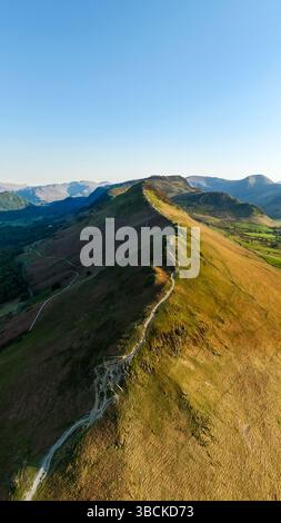 Aerial vertical landscape of the walking path along the top of Catbells ...