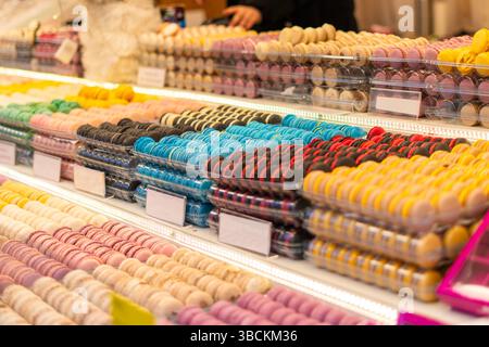 Colorful macarons on a vendor counter at a Hungarian market Stock Photo ...
