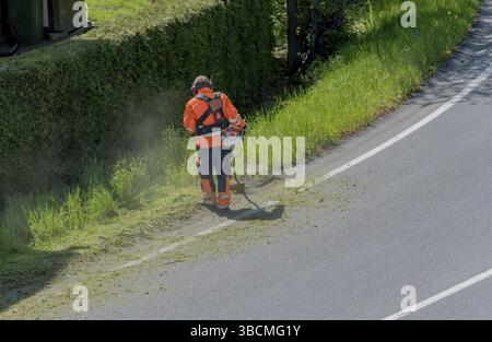 a city worker clearing the roadside of grass and weeds with a weed ...