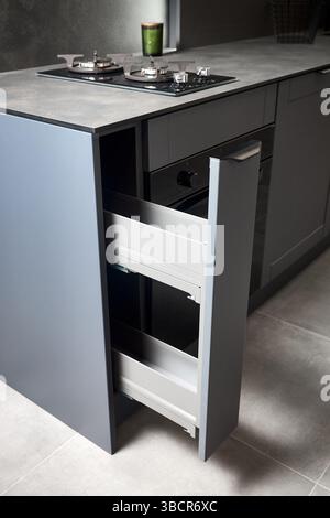 Vertical pull out rack cabinet drawer. Flush up slip handle finger pull ...
