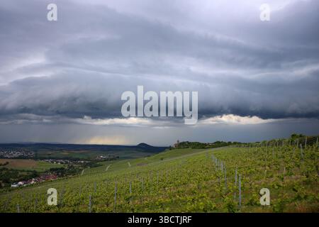 Oberstenfeld, Germany. 21st May, 2025. A dark thundercloud looms behind ...