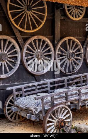Wooden wagon wheels, Old Yoshimaya house, Hida No Sato, Hida Folk ...