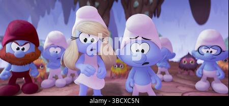 Papa Smurf, Smurfette, Nick Offerman and Smurf attend the arrivals of Paramount Pictures U.S ...