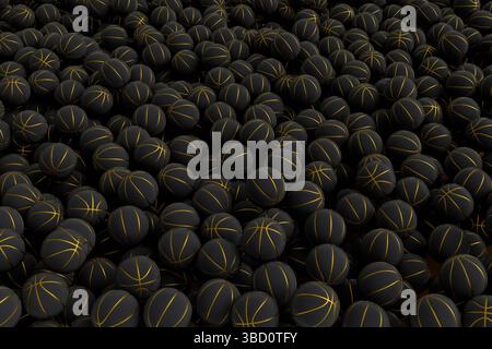 Many of flying black basketball ball falling on red background. 3d ...