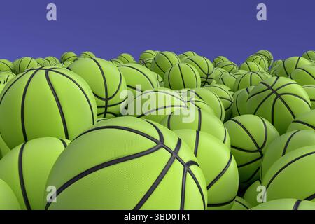 Many of flying green basketball ball falling on violet background. 3d ...