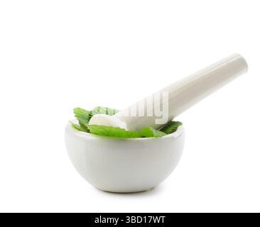 Mortar with lemon balm on white background Stock Photo - Alamy