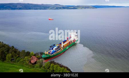 Trondheim 20250522. A 135-meter-long container ship ran aground almost ...