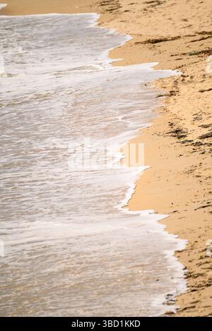 Waves washing over wet sand with people swimming and sunbathing on ...
