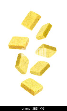 Bouillon cubes in air on white background Stock Photo - Alamy