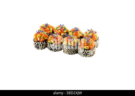 Crispy Puffed Rice Sushi Rolls Topped with Salmon and Avocado Stock ...