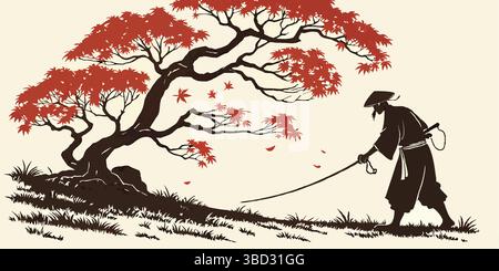 Samurai Warrior Under Red Maple Tree with Hanging Lantern for ...