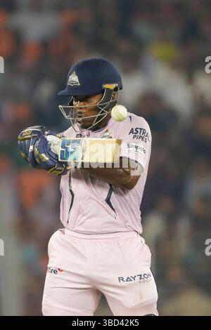 Gujarat Titans' Sherfane Rutherford plays a shot during the Indian ...