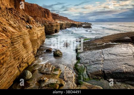 USA, California, Tide pools at sunset at Sunset Cliffs, San Diego ...