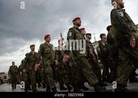 German soldiers march during the inauguration of the German Brigade ...
