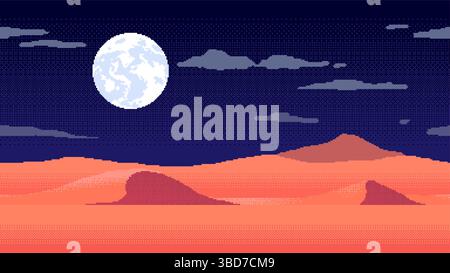 8bit pixel art sand dunes, game desert landscape. Vector pixelated ...