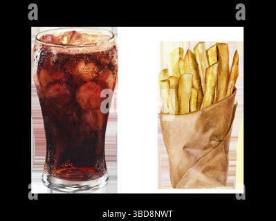 Watercolor Realistic Cola and French Fries Illustration, Fast Food ...