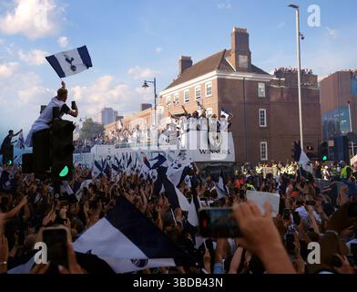 Tottenham Hotspur players on the open-top team bus during the Europa ...