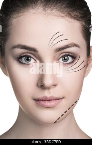 Correction lines on woman face, before surgery operetion Stock Photo ...