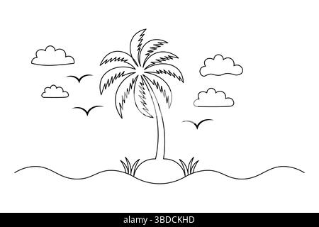 Palm Tree Island Outline Drawing Tropical Beach Line Art Illustration ...