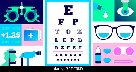 Conceptual illustration of optometry showing an eye chart, ophthalmic ...