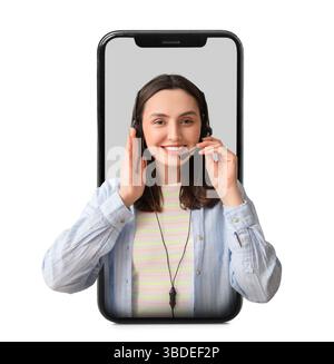 Female technical support agent popping out of smartphone screen on ...