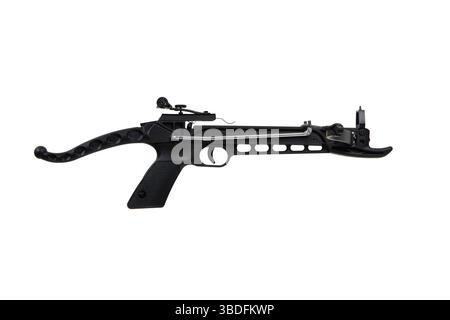 Black pistol-style crossbow isolated on white background, side profile ...