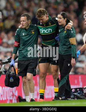 Northampton Saints' James Ramm (centre) celebrates scoring his side's ...