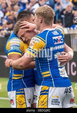 James McDonnell of Leeds Rhinos celebrates his try during the Betfred ...