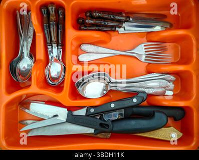 Open Drawer Filled with Cutlery – Top View. Monochrome Hues Stock Photo ...