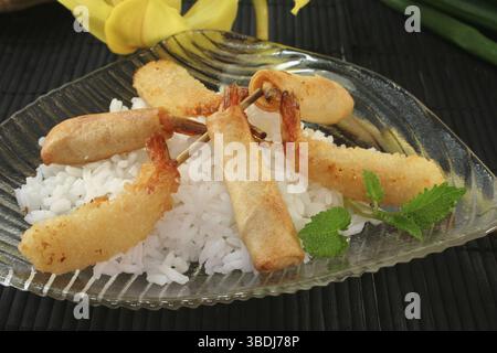 Thai prawn specialities wrapped in filo pastry with surimi, prawns and ...