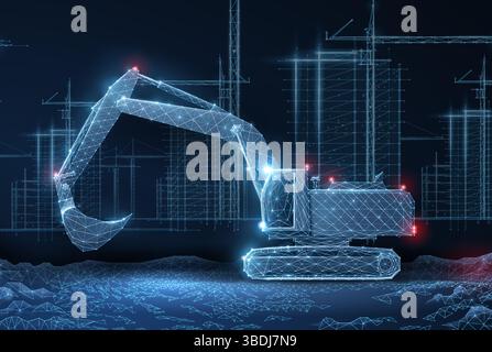 Digital construction site sketch with excavator. Building 3D Printing, Building Information ...