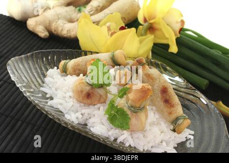 Thai prawn specialities wrapped in filo pastry with surimi, prawns and ...
