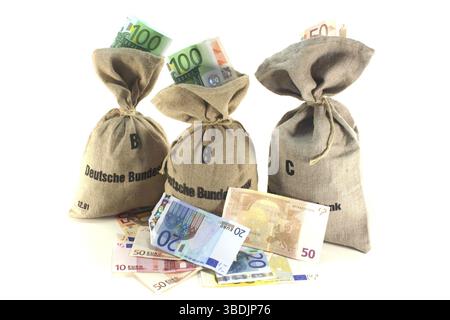 Federal Bank money bags with euro notes on a white background Stock ...