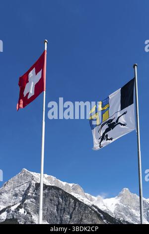 Swiss and Grisons flags in a winter mountain landscape blowing in the ...