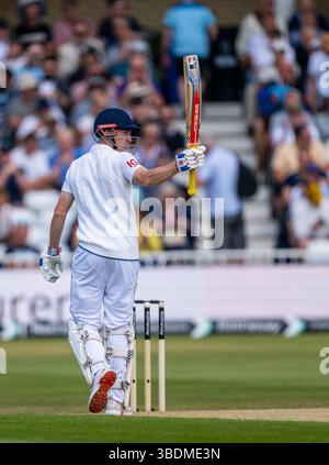 Harry Brook of England raises his bat for 50 runs during day one of the ...