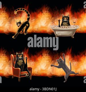Seamless pattern with different funny fire cats. Hand draw illustration ...