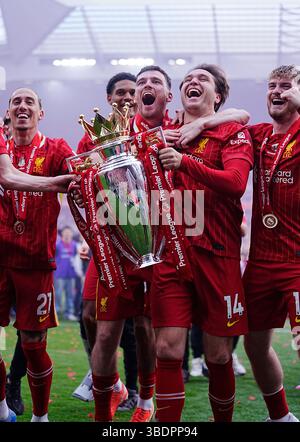 Liverpool's Federico Chiesa (left) and Andrew Robertson during the warm ...
