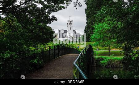 The footbridge over the River Skerne leading to the pavillion and trees ...