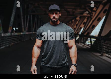Bodybuilder handsome strong athletic rough man pumping up biceps ...