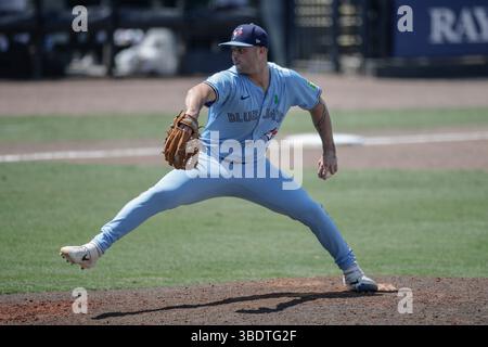 Toronto Blue Jays pitcher Mason Fluharty throws during the seventh ...