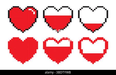 Pixel art life bar. Retro video game health heart bar. Vector symbols ...
