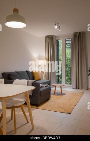 Modern gray sofa with yellow pillow in living room. Living room ...