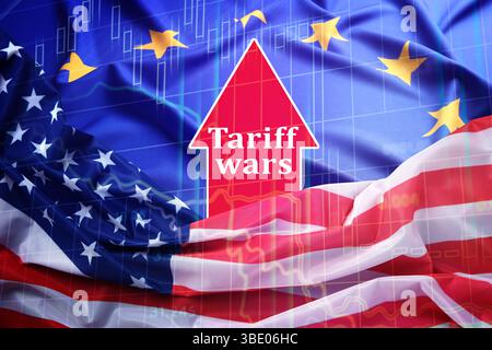 Tariff wars. Flags of America and European Union, graph, red arrow ...