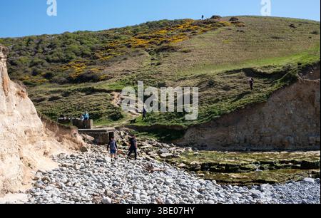 Walkers at the entrance to Monknash Beach in Glamorgan South Wales UK ...